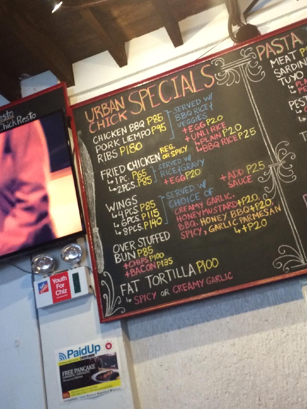 Menu at Urban Chick restaurant, Quezon City