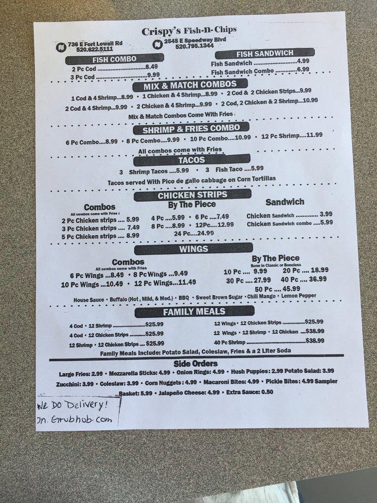 Menu at CRISPY'S FISH N CHIPS restaurant, Tucson, 736 E Fort Lowell Rd