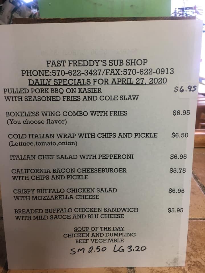 Menu at Fast Freddy's pizzeria, Pottsville