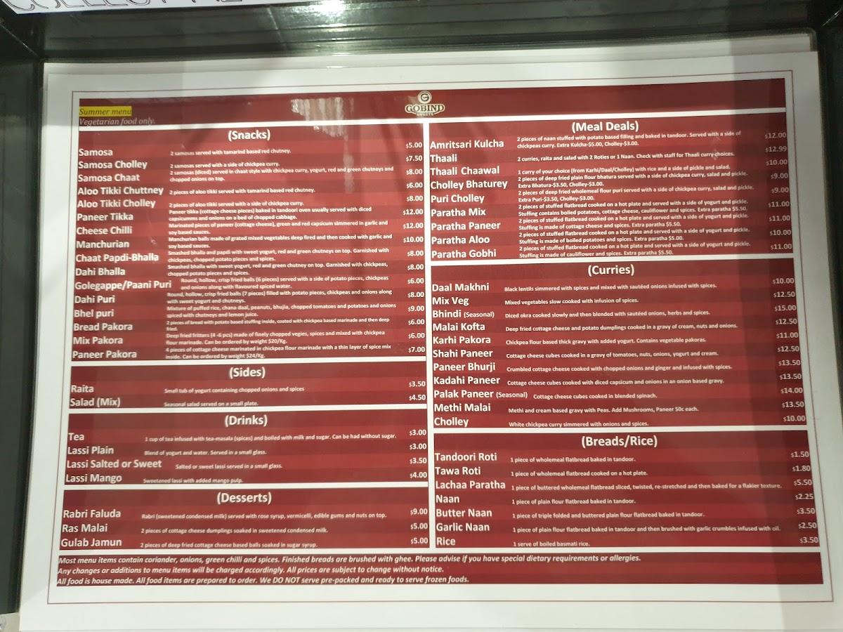 Menu at Gobind Sweets restaurant, Craigieburn