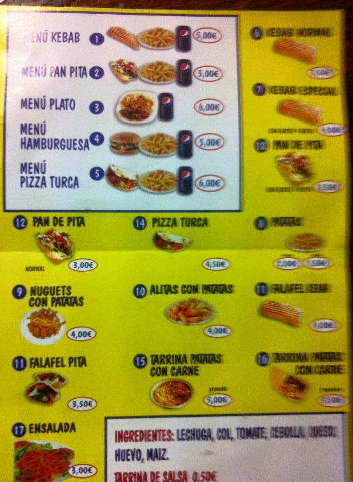Menu at Almoraima Kebab restaurant, Motril