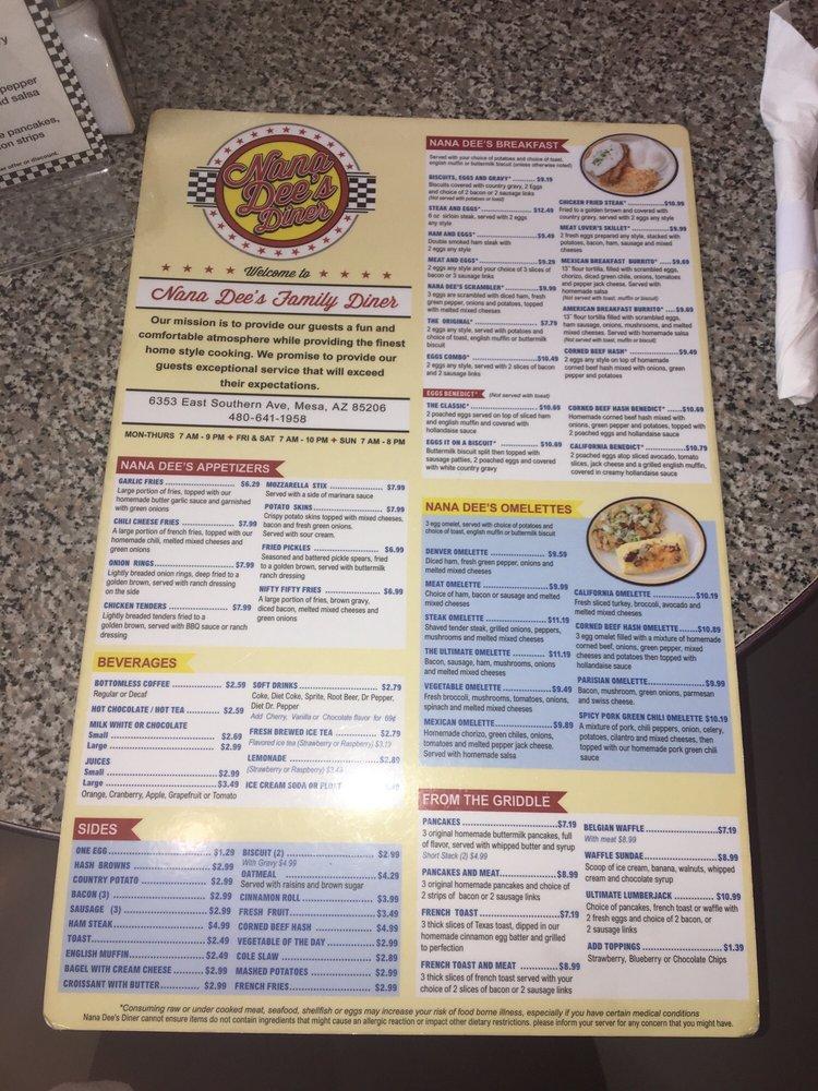 Menu at Nana Dee's Diner restaurant, Mesa