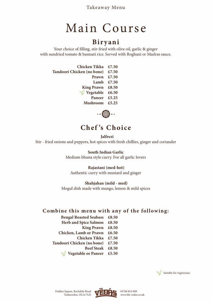 Menu at The Vedas restaurant, Todmorden