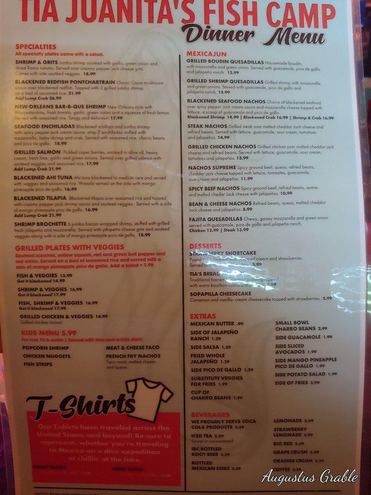 Menu at Tia Juanita's Fish Camp restaurant, Lumberton