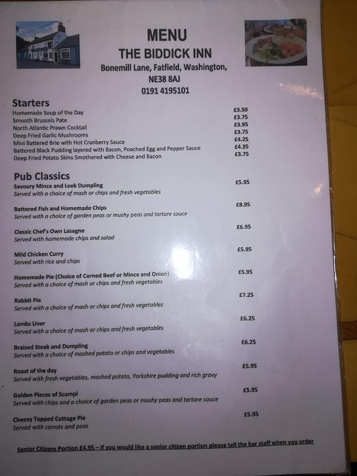 Menu at The Biddick Inn pub & bar, Washington, Bonemill Ln