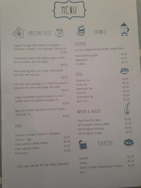 Menu at Cloud Cafe, Dublin