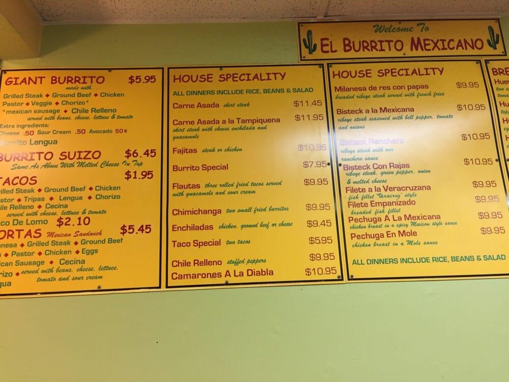 Menu at El Burrito Mexicano restaurant, Lisle, Maple Ave