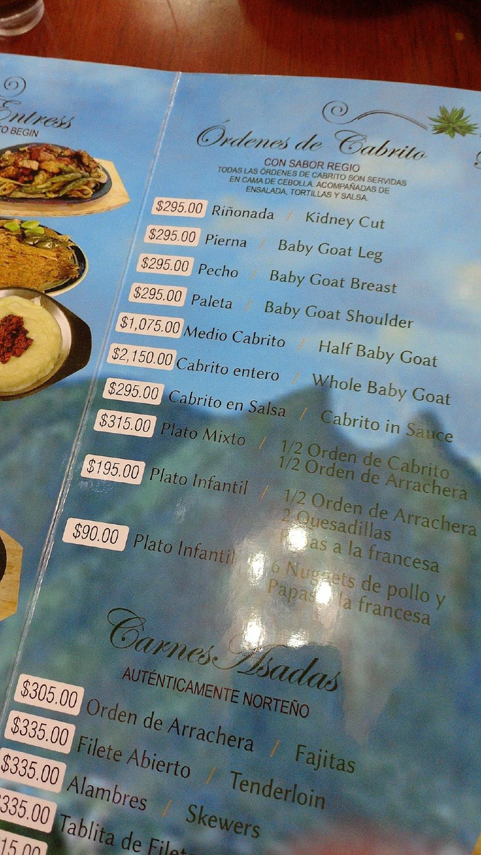 Carta de parrilla El Rey del Cabrito, Monterrey, Constitución 817-Oriente