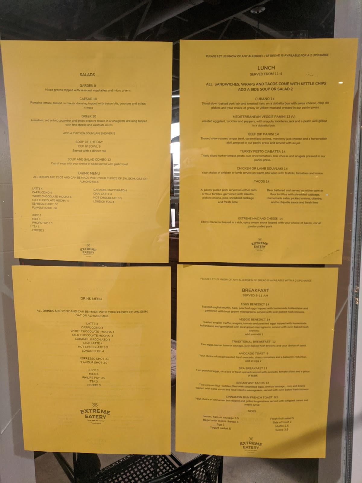Menu au Extreme Eatery restaurant, Parksville