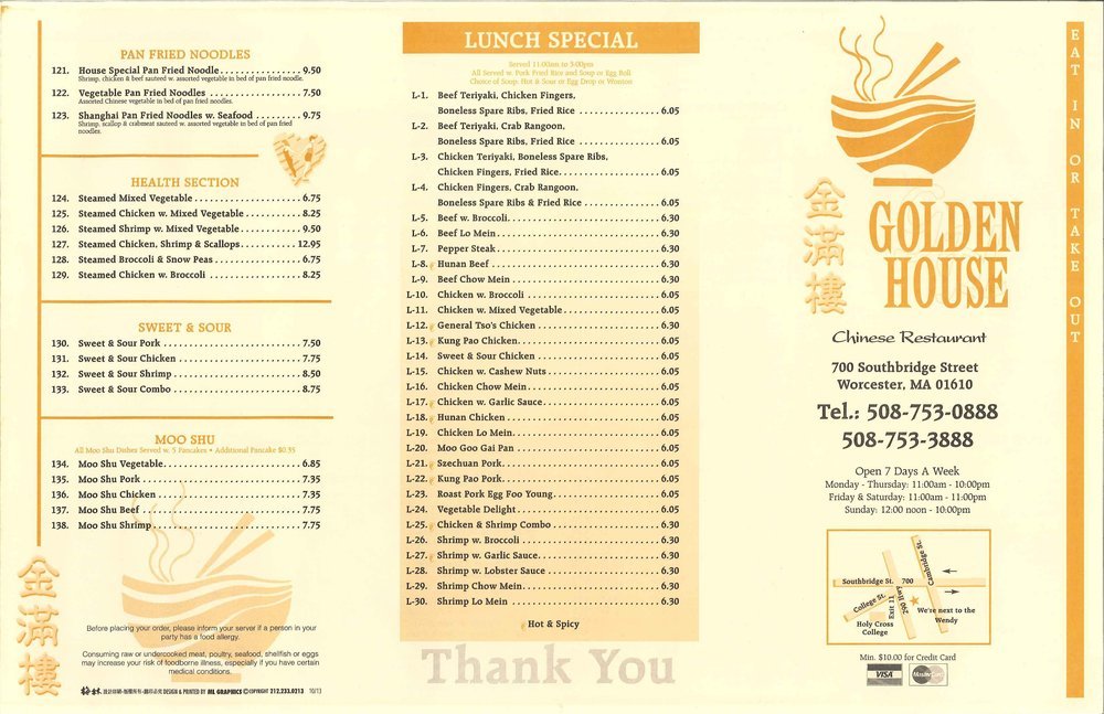 Menu at Golden House Restaurant, Worcester, 700 Southbridge St #1