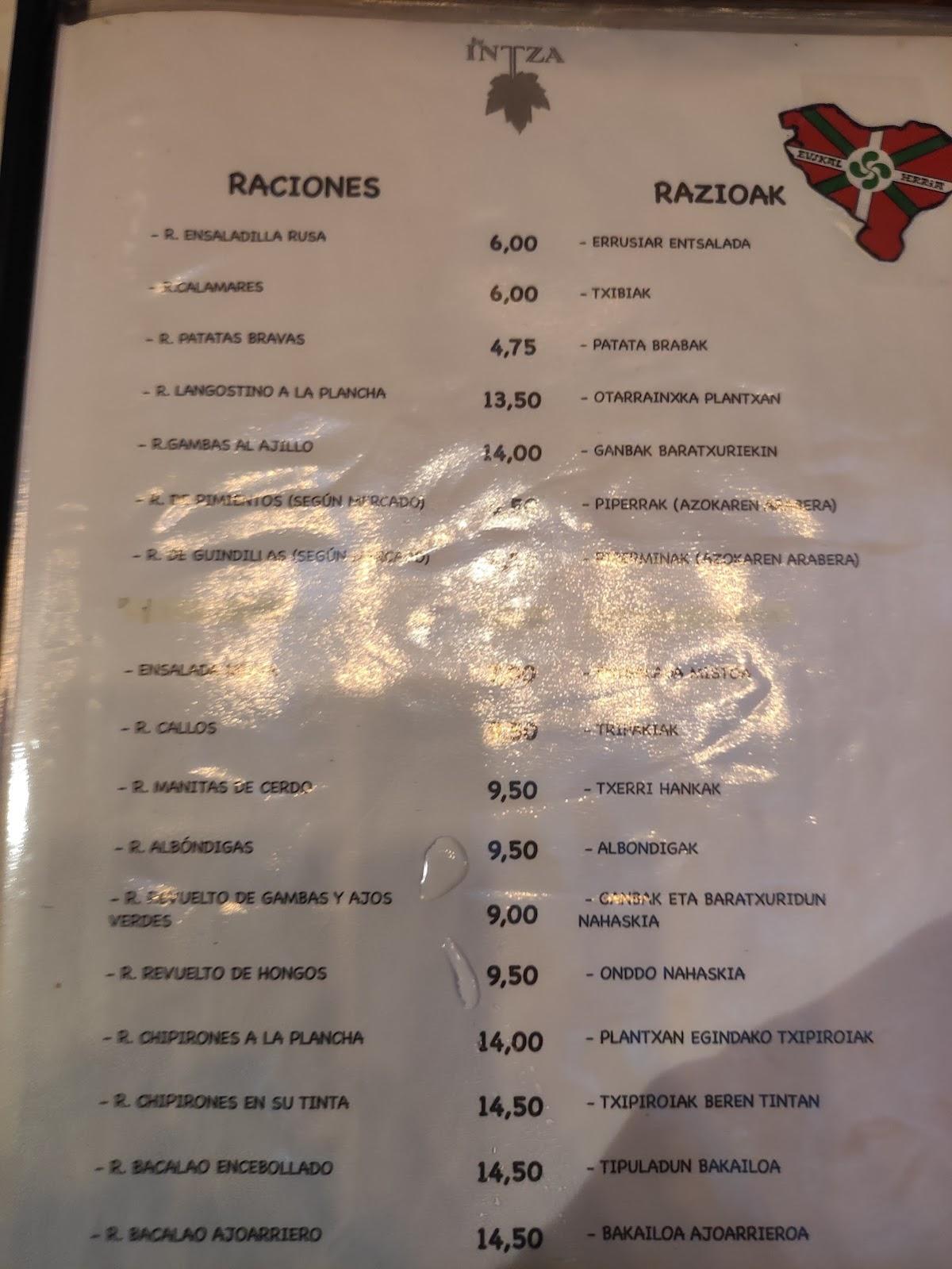 Menu at Bar restaurante Intza, San Sebastián