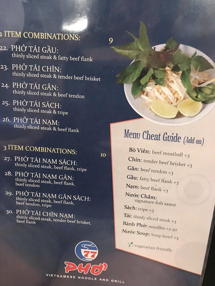 Menu at Pho 77 Rialto restaurant, Rialto
