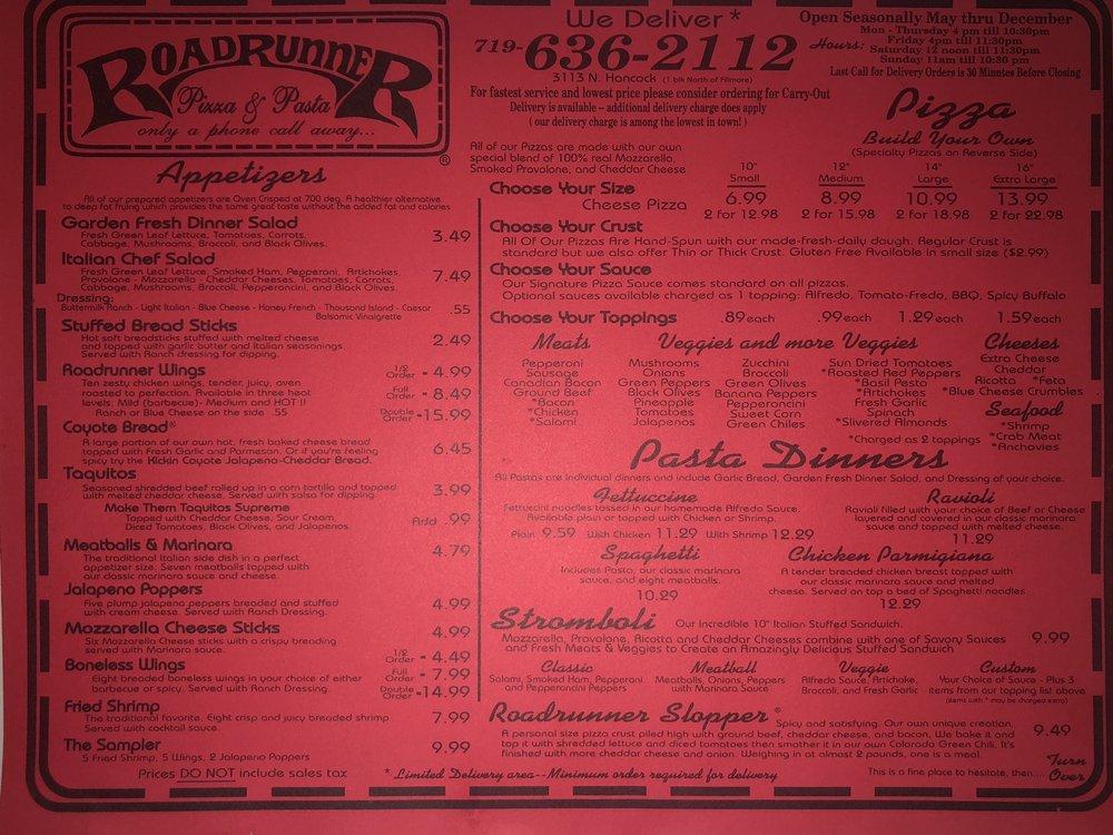 Menu at Roadrunner Pizza & Pasta pizzeria, Colorado Springs, N Hancock Ave