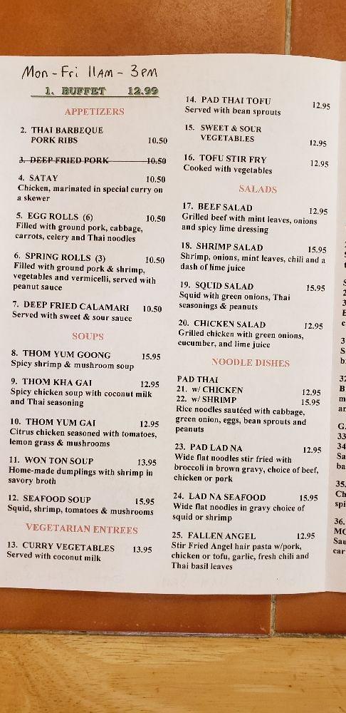 Menu at Thai Town restaurant, Kenai