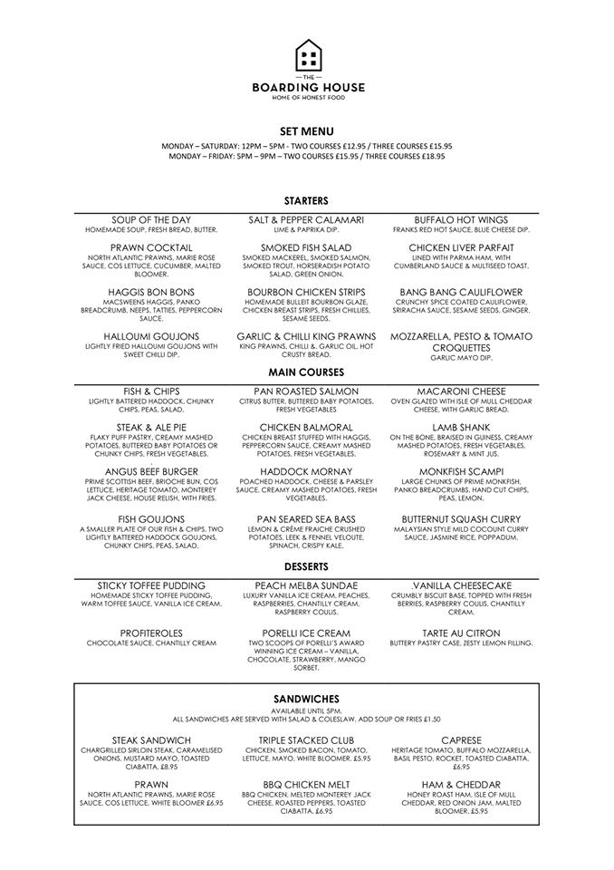 Menu at The Boarding House pub & bar, Howwood