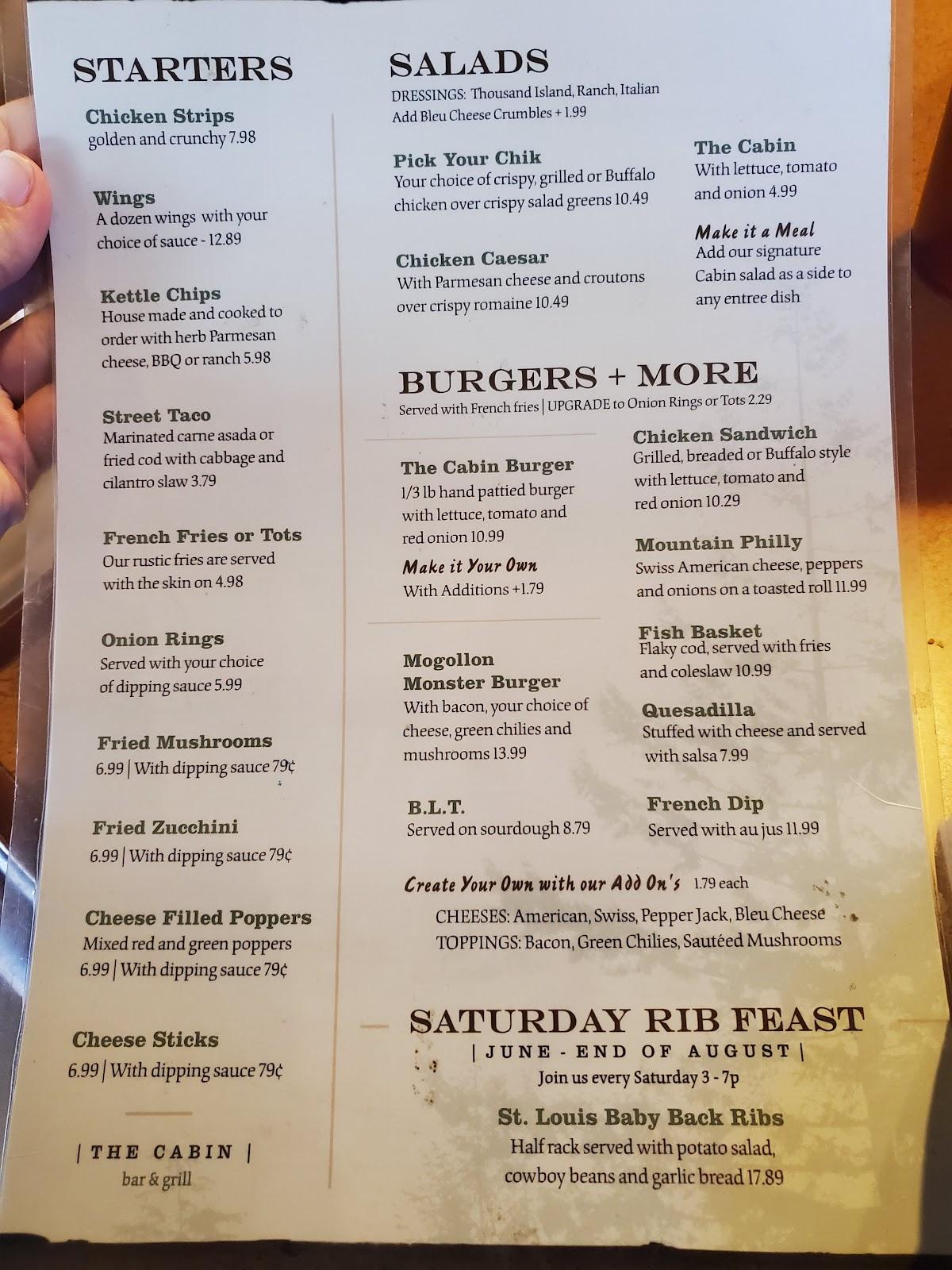 Menu at The Cabin Bar & Grill, Heber-Overgaard