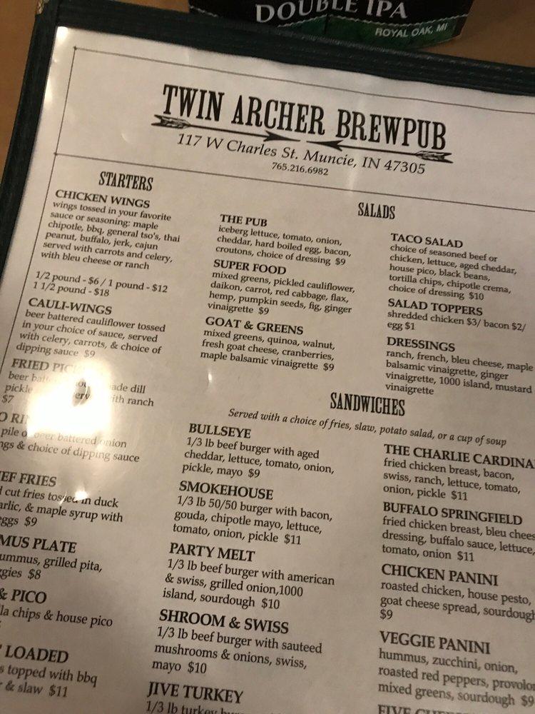 Carta de Twin Archer Brewpub, Muncie