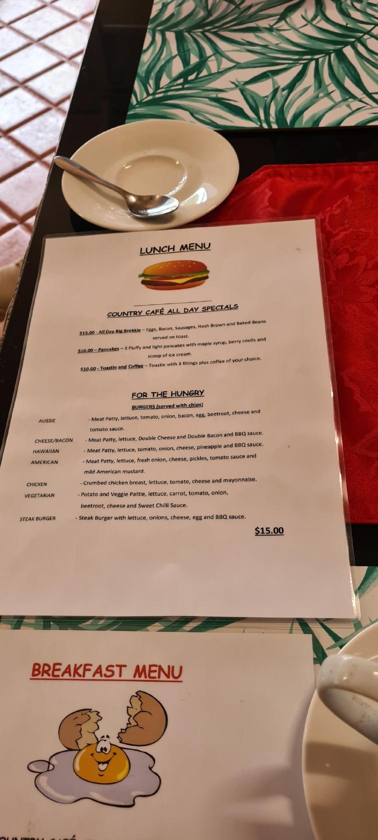 Menu at Country Cafe, Waroona