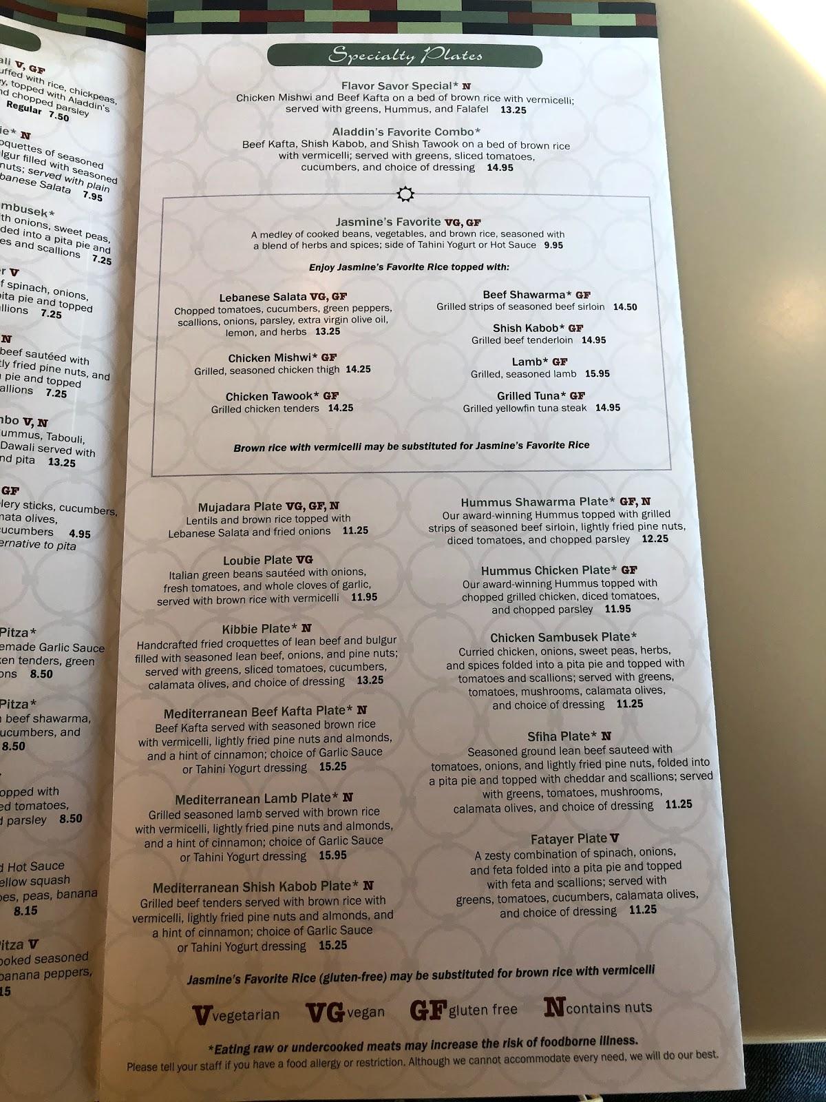 Menu at Aladdin's Eatery Brier Creek restaurant, Raleigh, Brier Creek ...