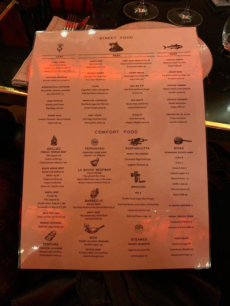 Menu at Beefbar, Paris, 5 Rue Marbeuf