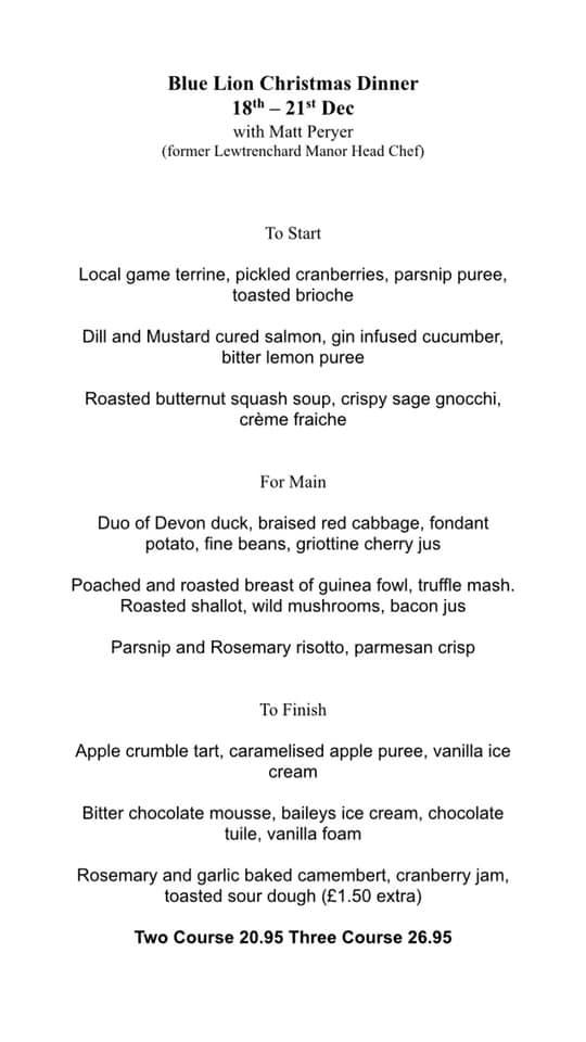 Menu at Blue Lion Inn pub & bar, Lewdown