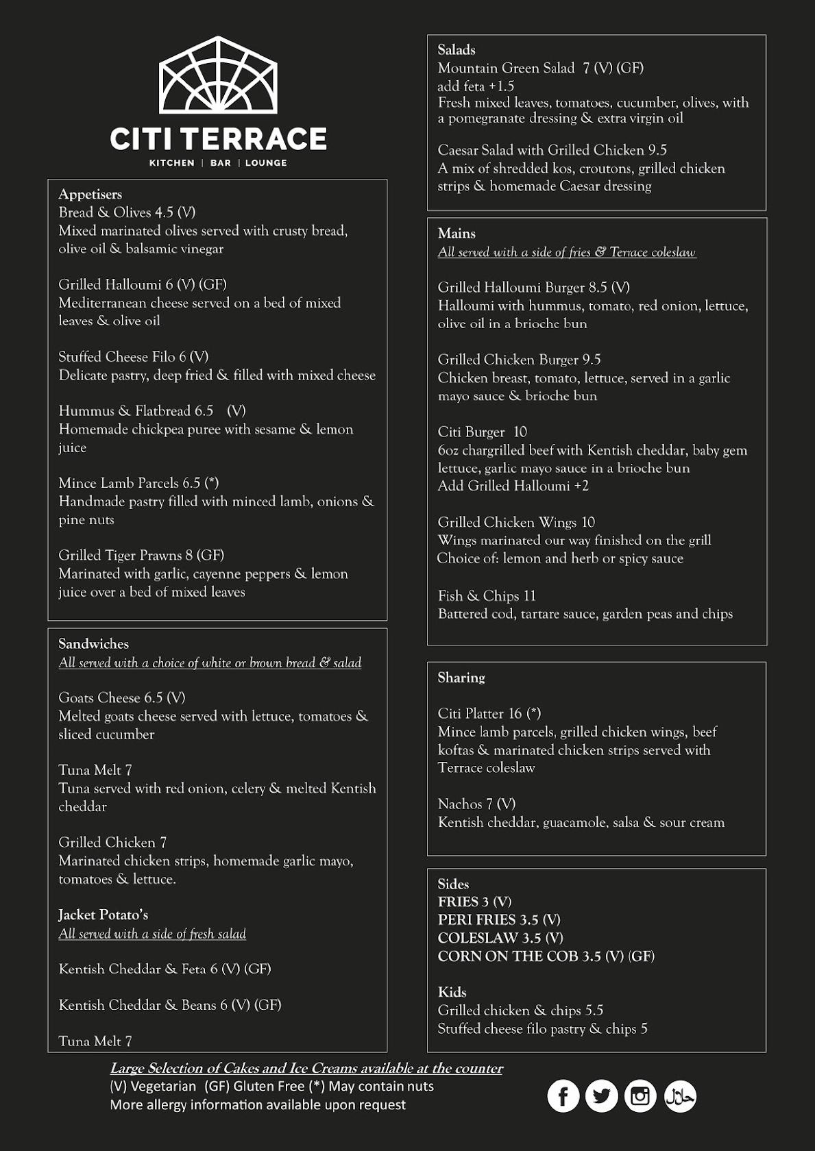 Menu at Citi Terrace restaurant, Canterbury