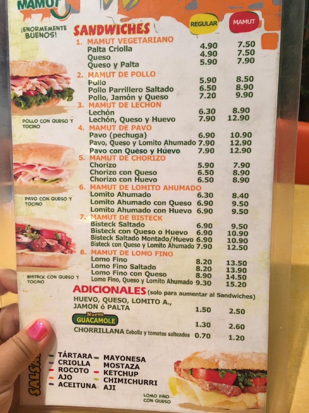 Menu at Mamut Cayma restaurant, Arequipa