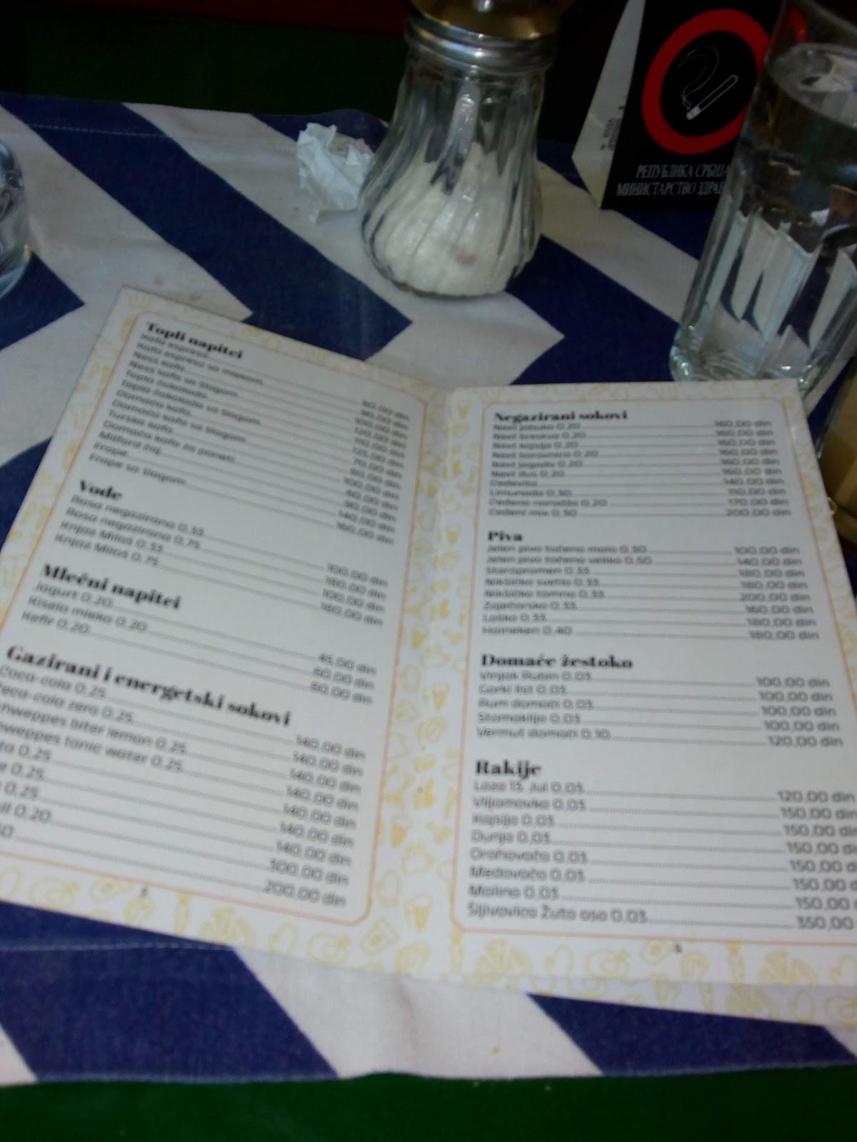 Menu at Pera Ždera restaurant, Novi Sad, Hajduk Veljkova 11