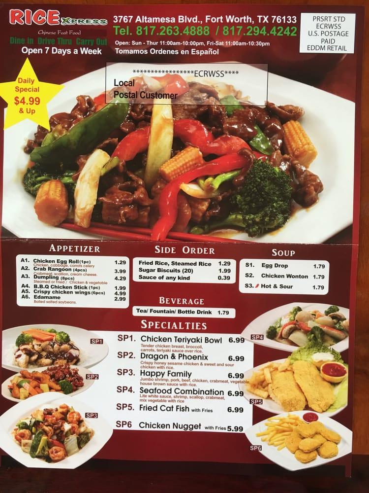 Menu at Rice Xpress restaurant, Fort Worth, Altamesa Blvd
