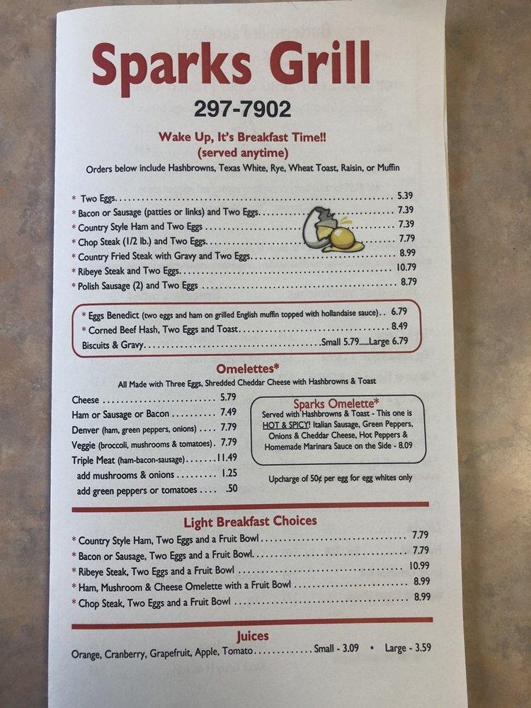 Menu at Sparks Grill restaurant, Montello