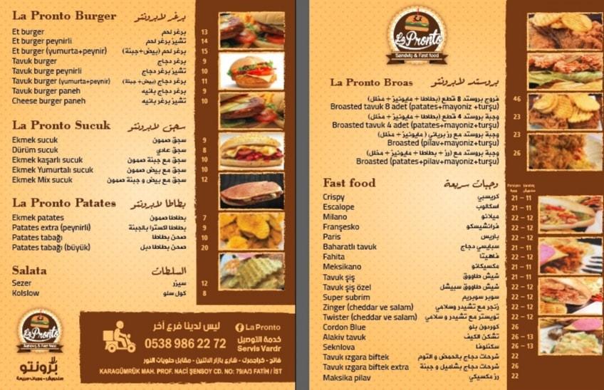 Menu at La Pronto, Istanbul