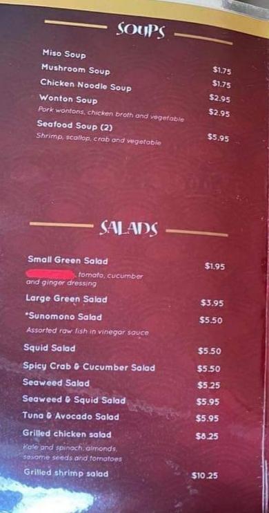 Menu at Ming's Asian Fusion restaurant, Savannah