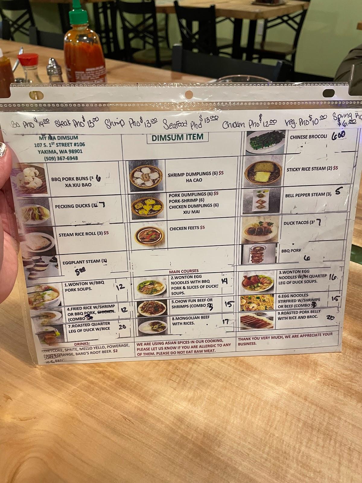 Menu at My Ma Dim Sum restaurant, Yakima