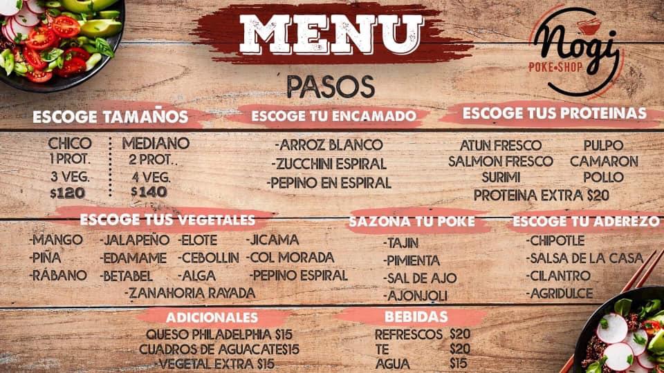 Menu at Nogi Poke Shop restaurant, Mexico