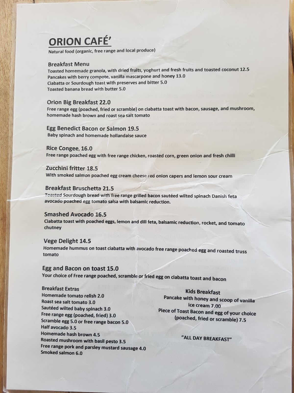 Menu at Orion Cafe, Yanchep