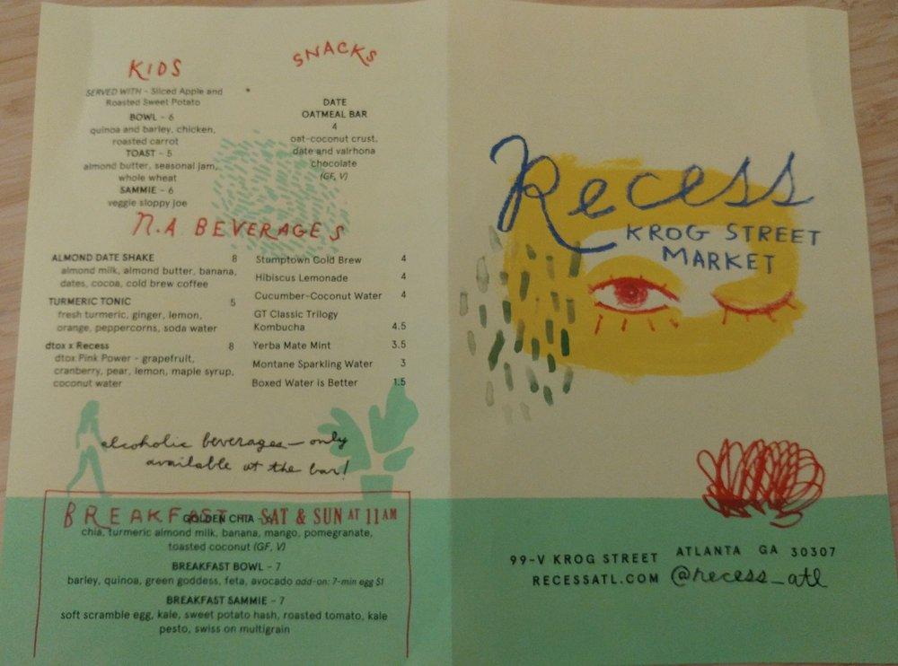 Menu at Recess (Krog Street) pub & bar, Atlanta