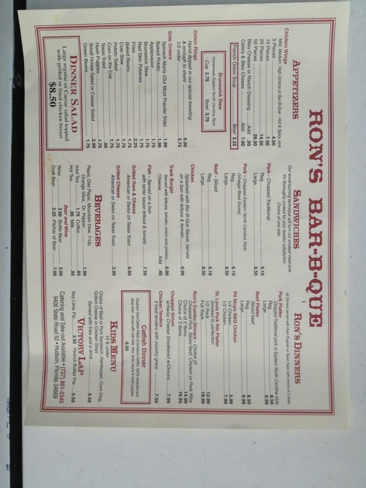 Menu at Ron's Bar-B-Que, Hudson