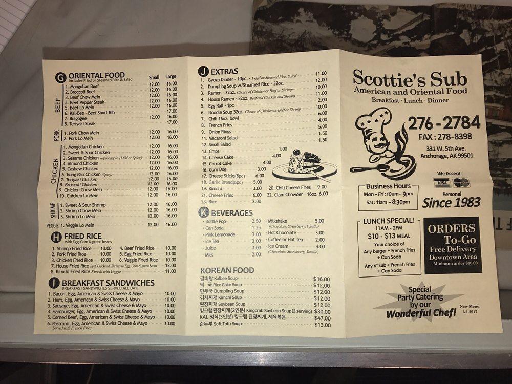 Menu at Scottie's Sub Shop fast food, Anchorage