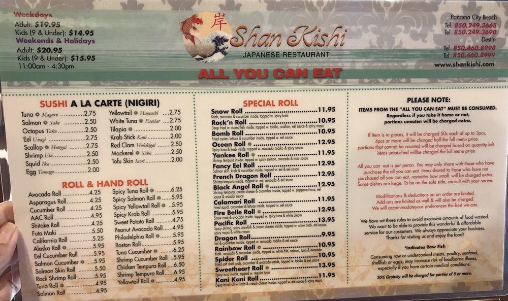 Menu at Shan Kishi restaurant, Miramar Beach