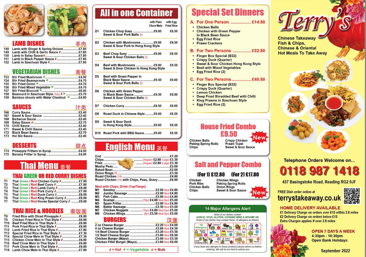 Menu at Terry's Takeaway fast food, Reading