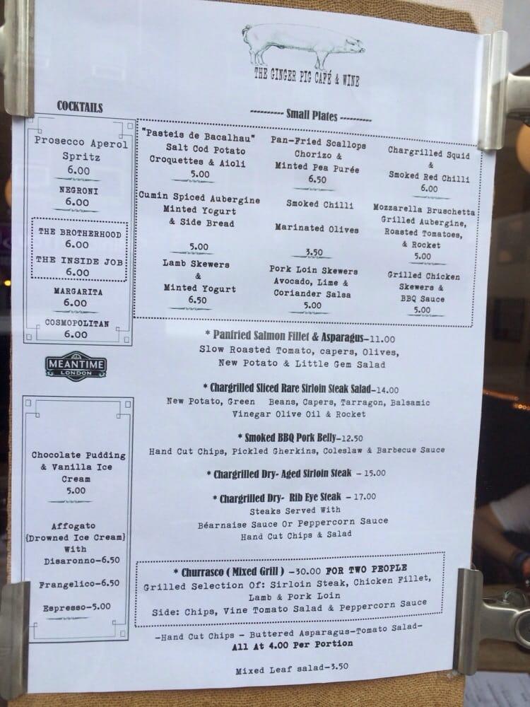 Menu at The Ginger Pig Café restaurant, London