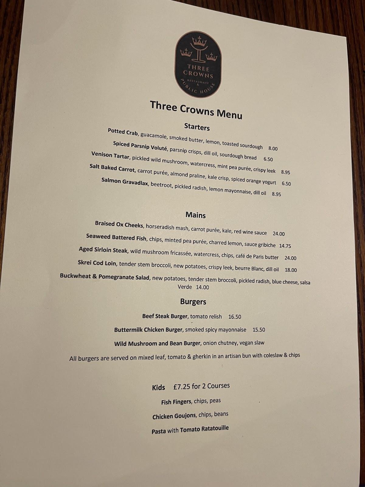 Menu at The Three Crowns pub & bar, East Grinstead