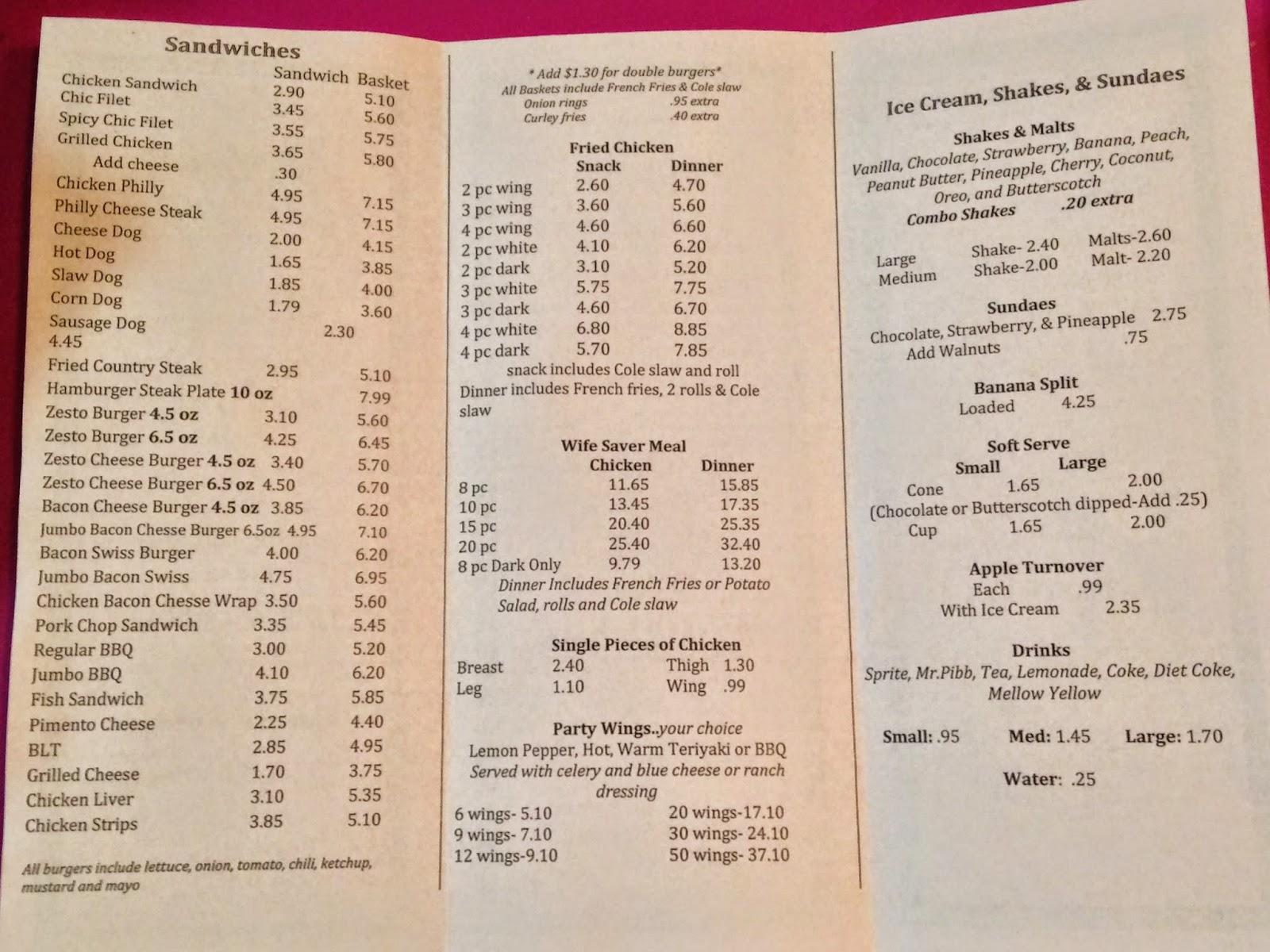 Menu at Zesto Drive-In fast food, Newberry