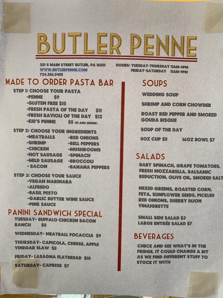 Menu at Butler Penne restaurant, Butler