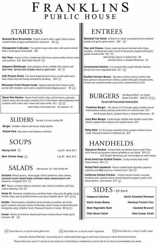 Menu at Franklins Public House, Palos Heights