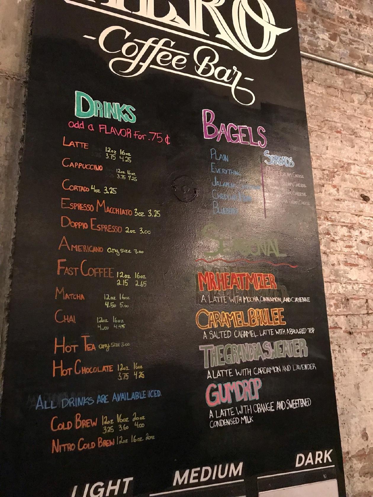 Menu at Hero Coffee and Bagel Bar, Chicago, 22 E Jackson Blvd