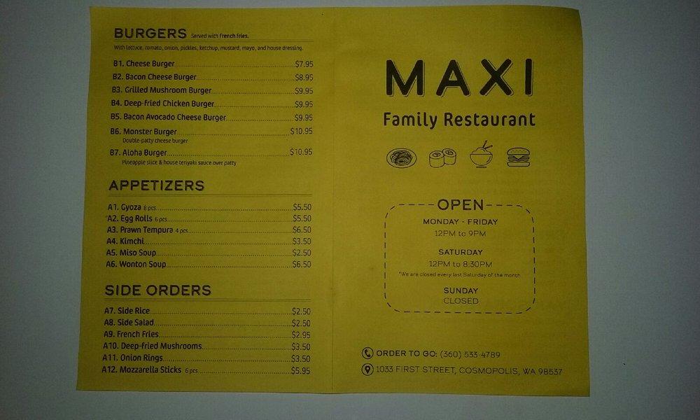 Menu at Maxi Teriyaki & Sushi restaurant, Cosmopolis