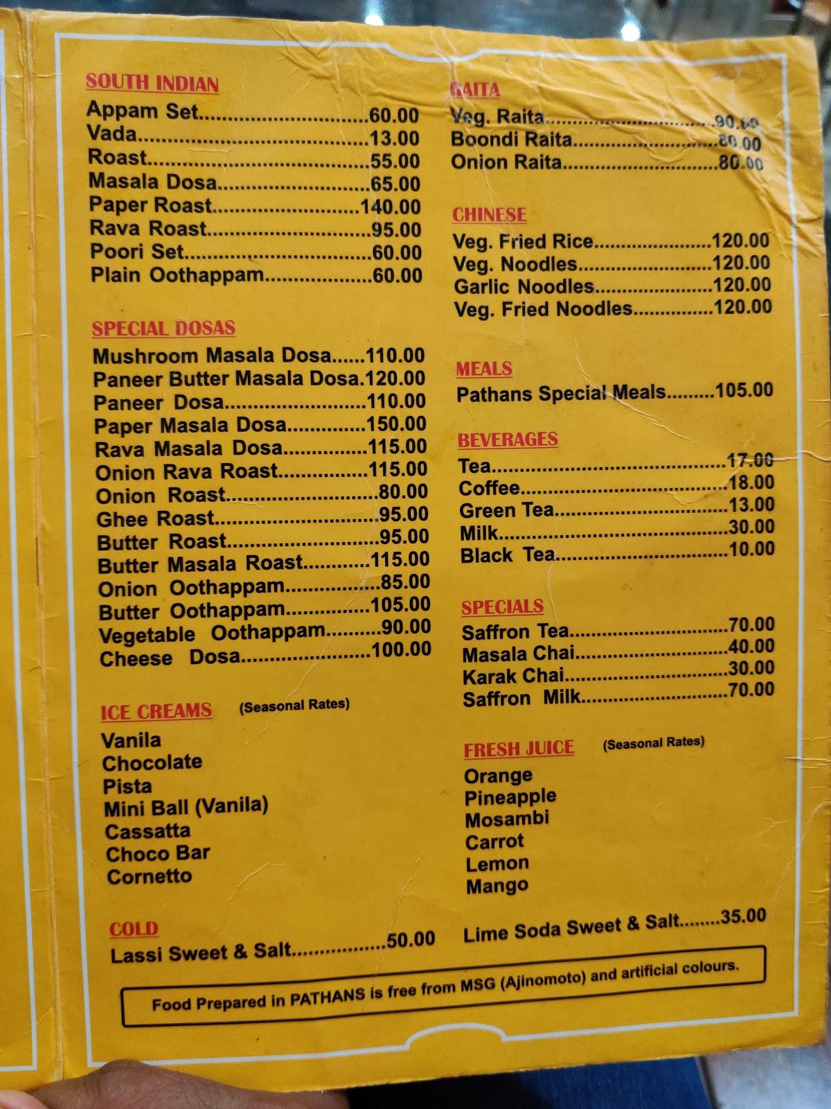 Menu at Pathans Veg Restaurant (Pure Veg), Thrissur
