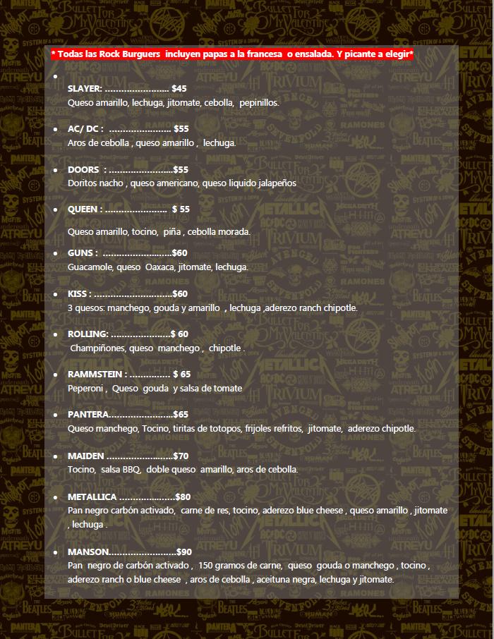 Menu at Rock Burguers Zapata, Emiliano Zapata