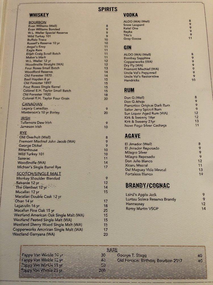 Menu at Smith Tower pub & bar, Seattle